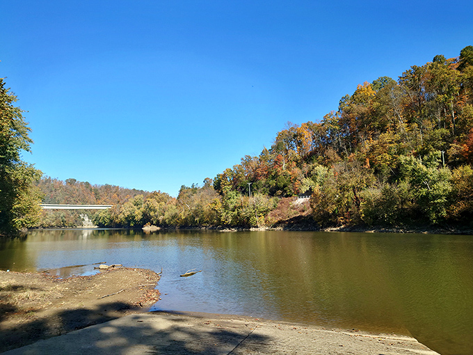 The Kentucky River flows past autumn-kissed hills, carrying the same waters that once transported pioneers. Nature's highway hasn't changed its route.