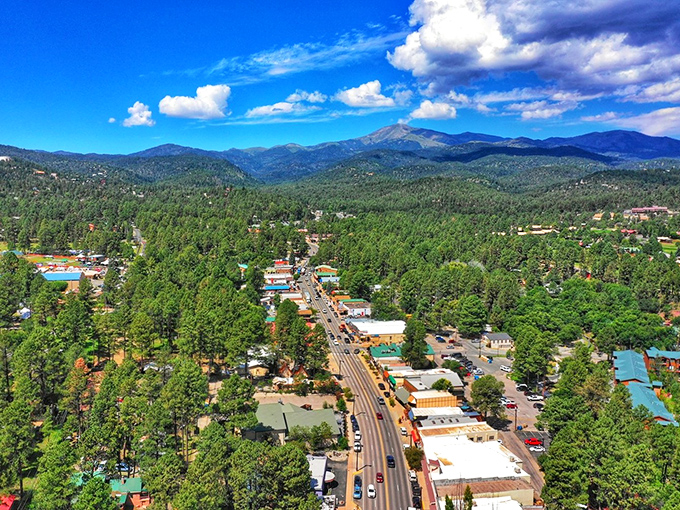 Bird's eye perfection. Ruidoso from above reveals the perfect marriage of civilization and wilderness, like a green comforter with a town tucked in.