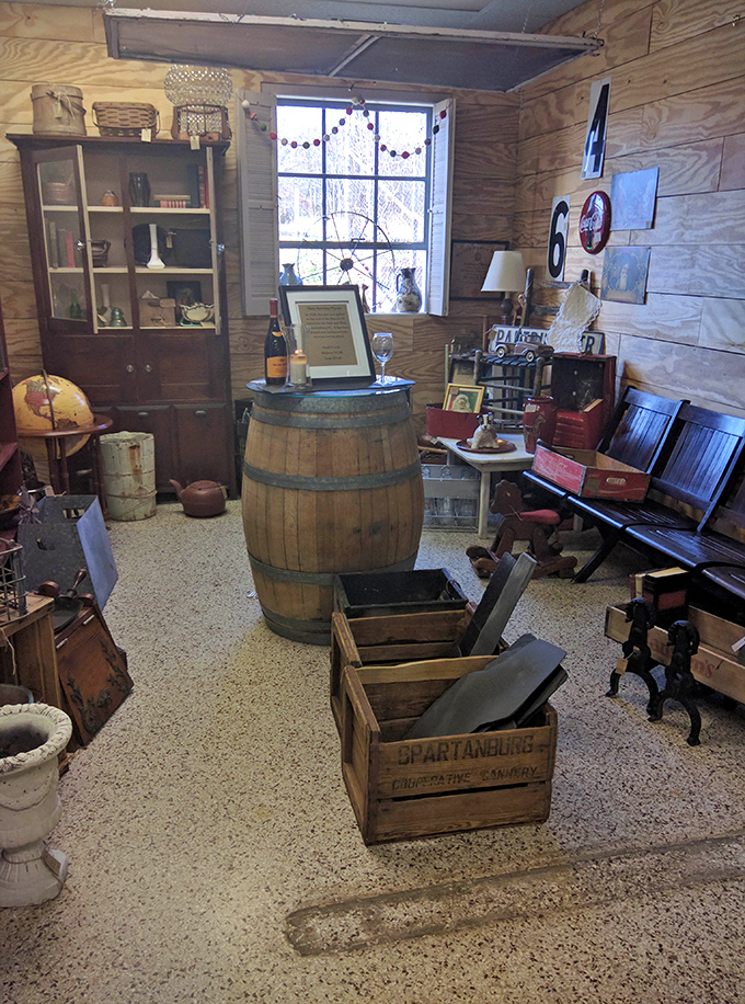 That wooden barrel could tell stories of Spartanburg's past. The rustic vignette creates a time capsule of Carolina heritage.