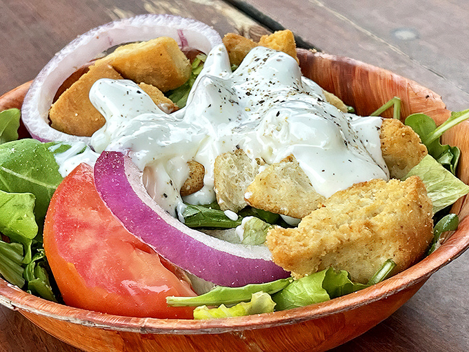 A salad that doesn't apologize for being healthy&mdash;crisp, colorful, and dressed to impress with homemade croutons standing tall.