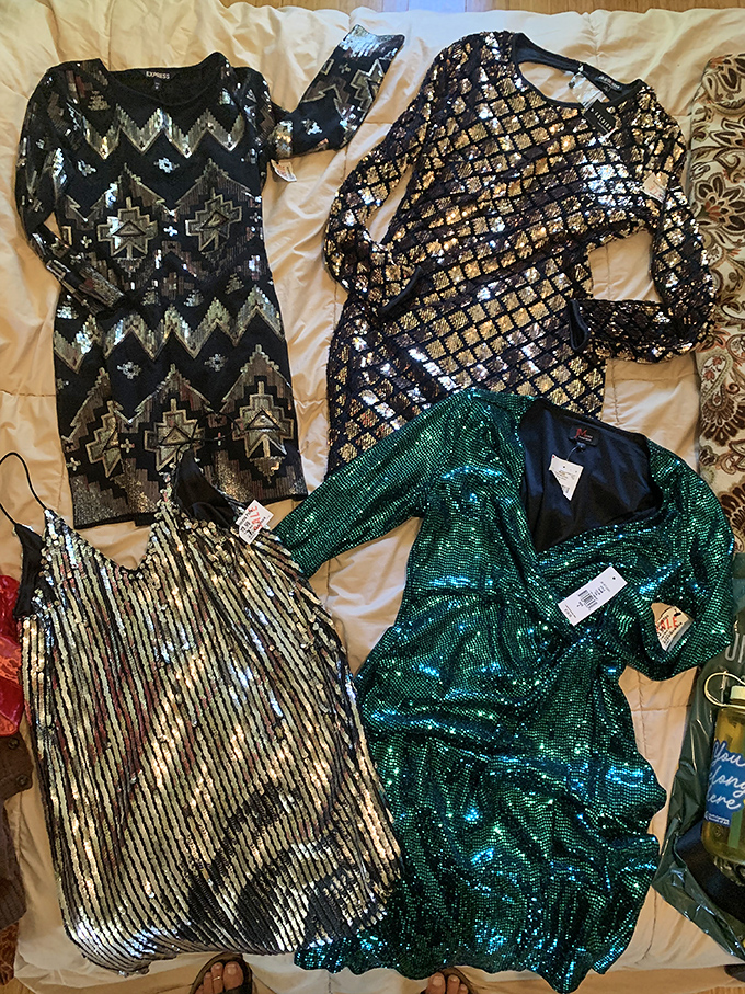 Designer sequin dresses at thrift store prices—four glamorous party outfits that won't break your $31 budget at Uptown Cheapskate.