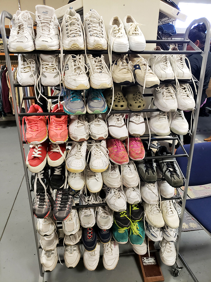 The shoe rack &ndash; where footwear gets its second chance at sole-fulfilling adventures. Those white sneakers in the top row look barely broken in!