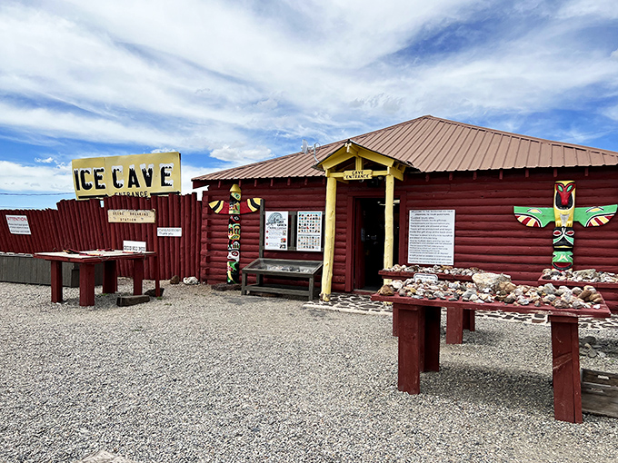 The entrance to Shoshone Ice Caves promises subterranean wonders, where 32-degree temperatures persist year-round in defiance of Idaho's summer heat.
