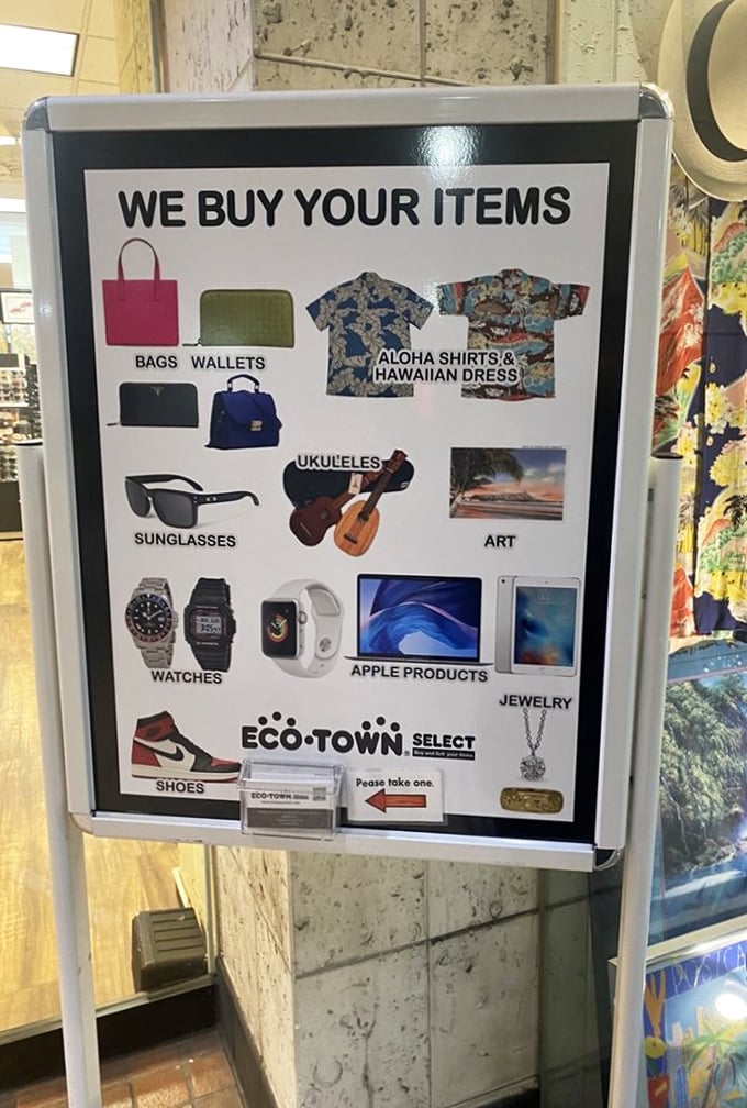 The "we buy" board says it all&mdash;this isn't just shopping, it's a circular economy of island style where yesterday's splurges become tomorrow's treasures.