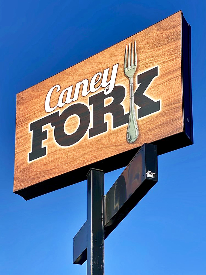 That fork on the sign isn't just a logo&mdash;it's pointing skyward as if to say, "This way to flavor country," and it's not exaggerating.