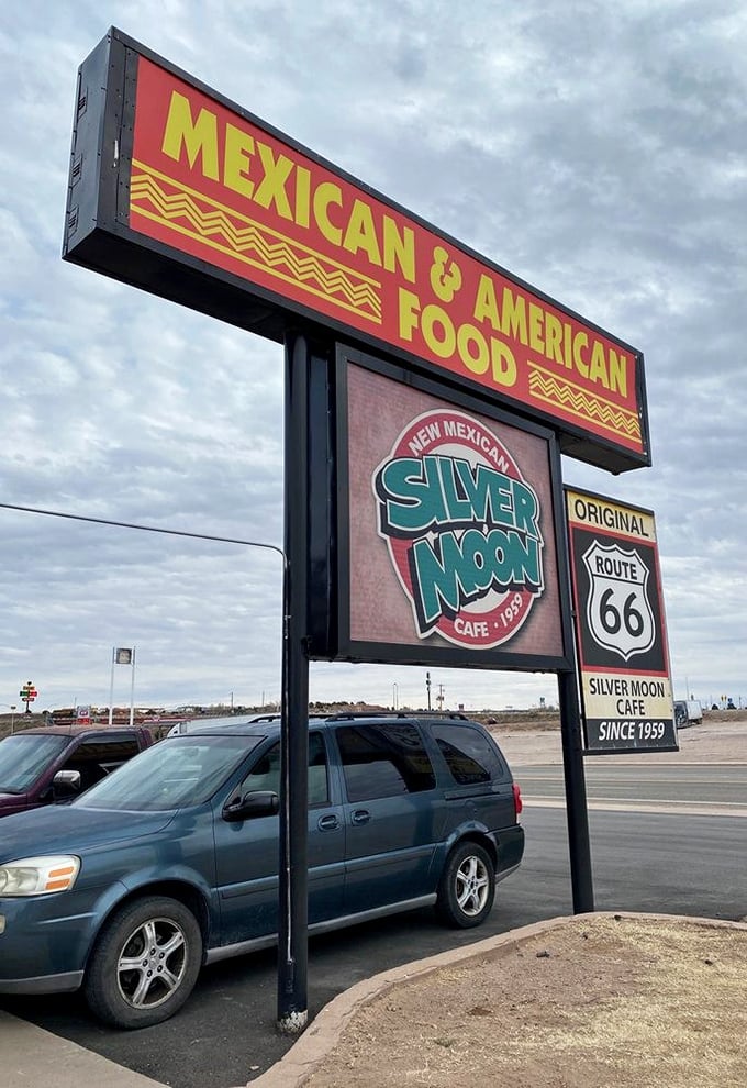 The towering sign stands as a beacon for hungry travelers – a Route 66 landmark promising salvation from fast-food mediocrity.