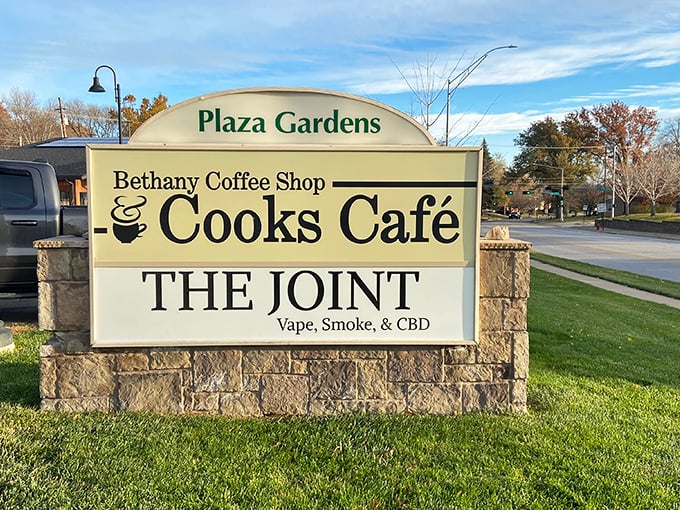 The Plaza Gardens sign announces Cook's Café's presence in the Bethany neighborhood – a beacon for breakfast seekers throughout Lincoln.