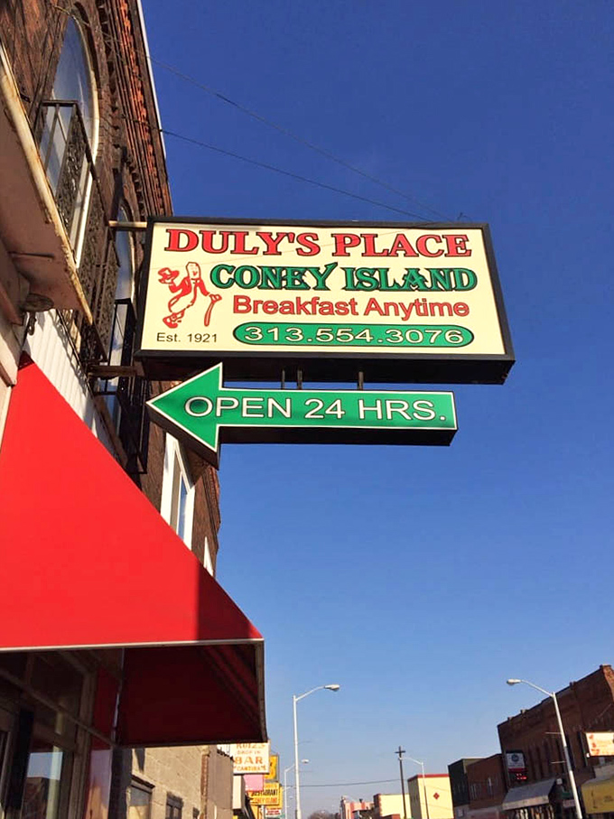 The iconic signage stands out against Michigan's blue sky. "Breakfast Anytime" might be the three most beautiful words in the English language.