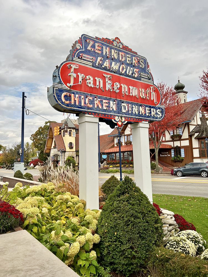 The vintage sign stands as Frankenmuth's culinary lighthouse, guiding hungry souls to chicken dinner salvation since generations past.