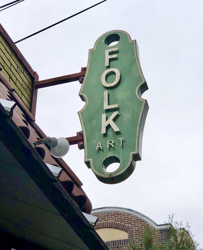 The vertical Folk Art sign doesn't just mark a restaurant&mdash;it signals you've arrived at a place where breakfast dreams come true and calories don't count.