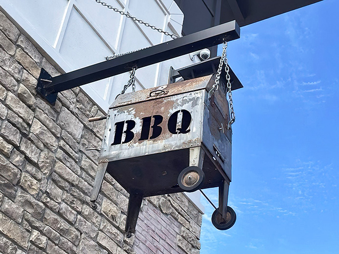 When your BBQ sign looks like it survived a fire itself, you know you're in the right place. Truth in advertising at its finest.