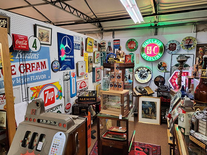 Neon signs and vintage advertisements&mdash;the Instagram wall before Instagram existed. That old cash register has probably rung up more genuine joy than most modern shopping experiences. 