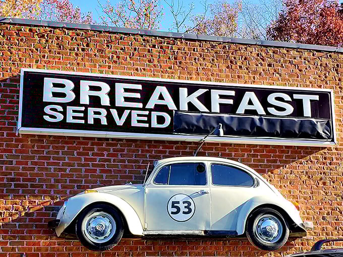 Nothing says "American breakfast institution" quite like a vintage VW Beetle parked beneath a sign that promises morning sustenance.