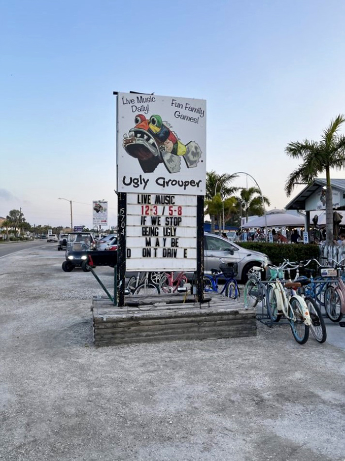 The roadside sign offers both directions and philosophy: "It could get ugly if we stop being ugly." Words to live by, especially after your third margarita.
