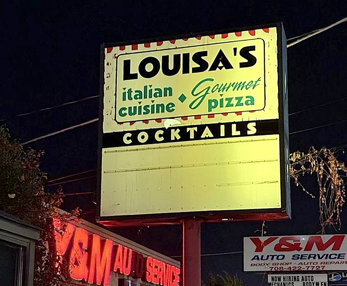 At night, the glowing sign becomes a beacon for the pasta-deprived. Like a lighthouse, but guiding you to carbs instead of safe harbor.