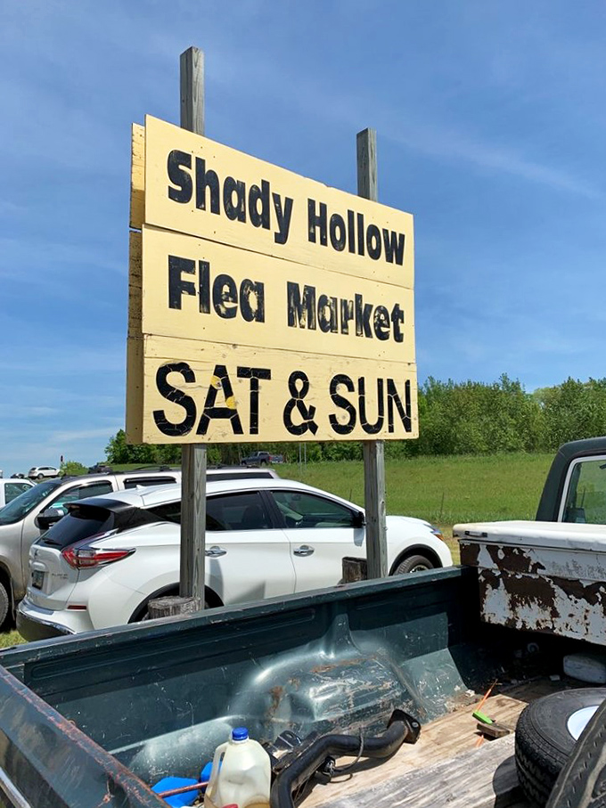 The no-frills signage says it all: weekends at Shady Hollow are for treasure hunting, not sleeping in. Your next conversation piece awaits.