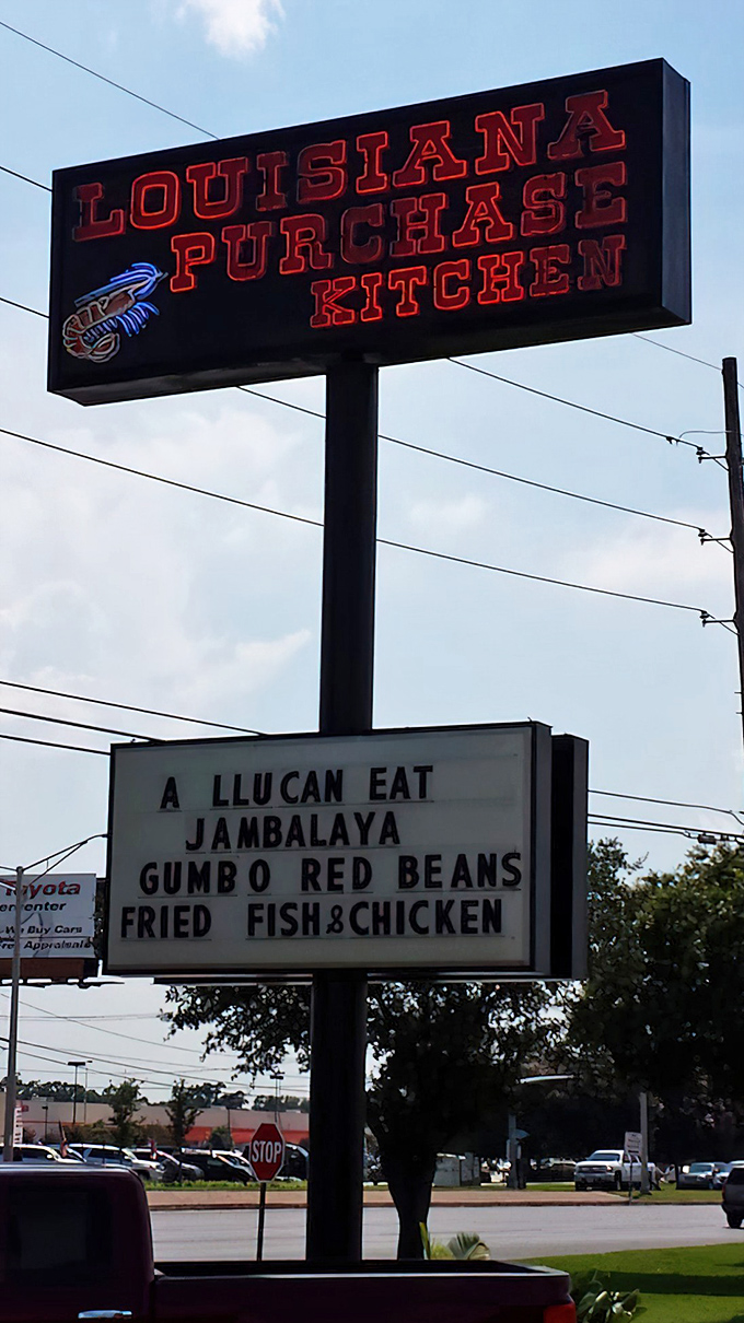 The neon sign shines like a lighthouse for hungry souls, with a punny promise that yes, "A LLU CAN EAT" of Louisiana's greatest hits.