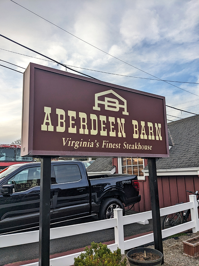 The sign proudly proclaims "Virginia's Finest Steakhouse" against the sky&mdash;a bold claim that generations of satisfied diners would happily confirm.