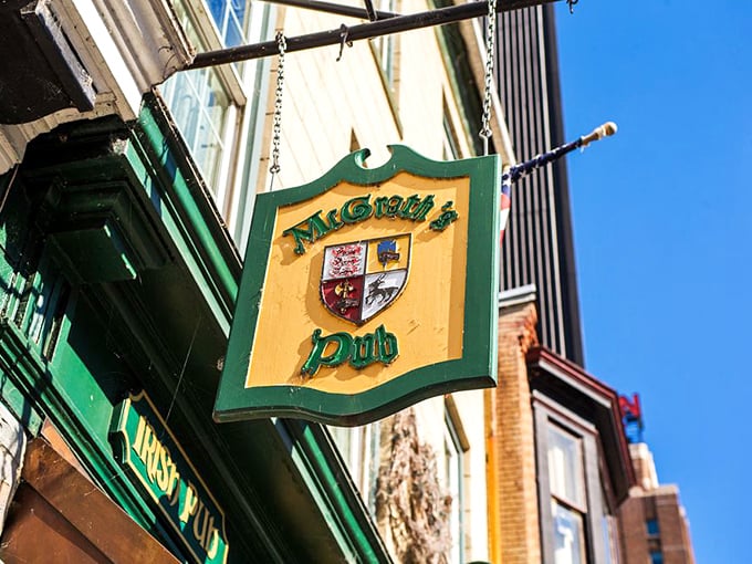 The hanging pub sign swings gently above Locust Street, a medieval-inspired beacon guiding thirsty travelers to their Irish-American destination.
