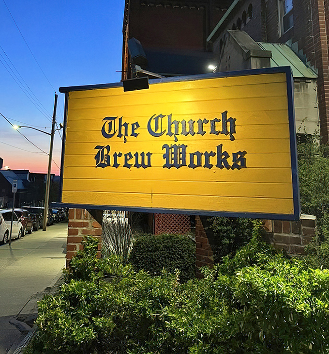 The golden sign glows like a beacon to thirsty pilgrims. No need for a church bell when you've got craft beer calling.