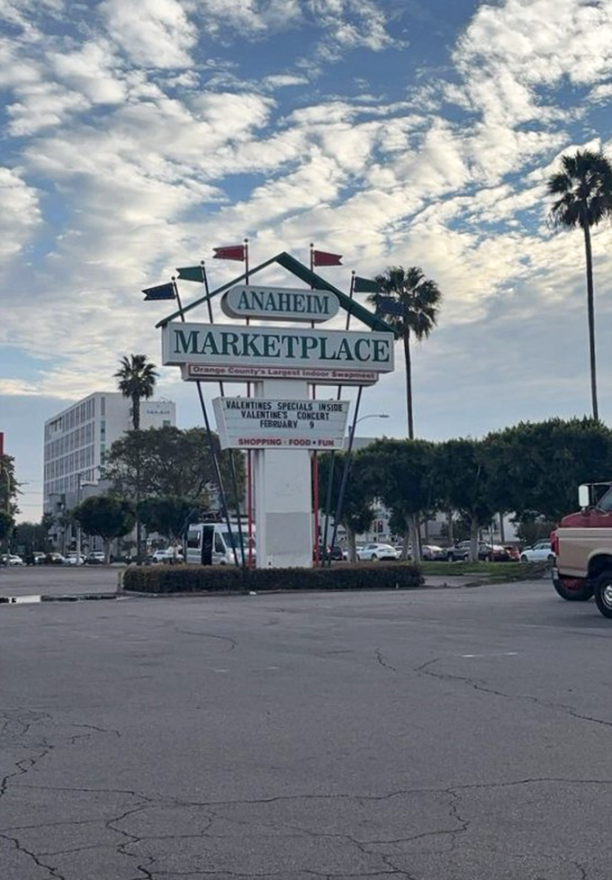 Palm trees frame the iconic sign like exclamation points, announcing "Shopping! Food! Fun!" to anyone lucky enough to drive by.