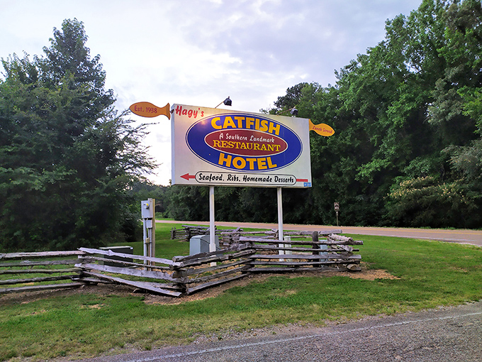 This roadside sign has guided hungry travelers for decades, a beacon of hope for those seeking catfish salvation in rural Tennessee.