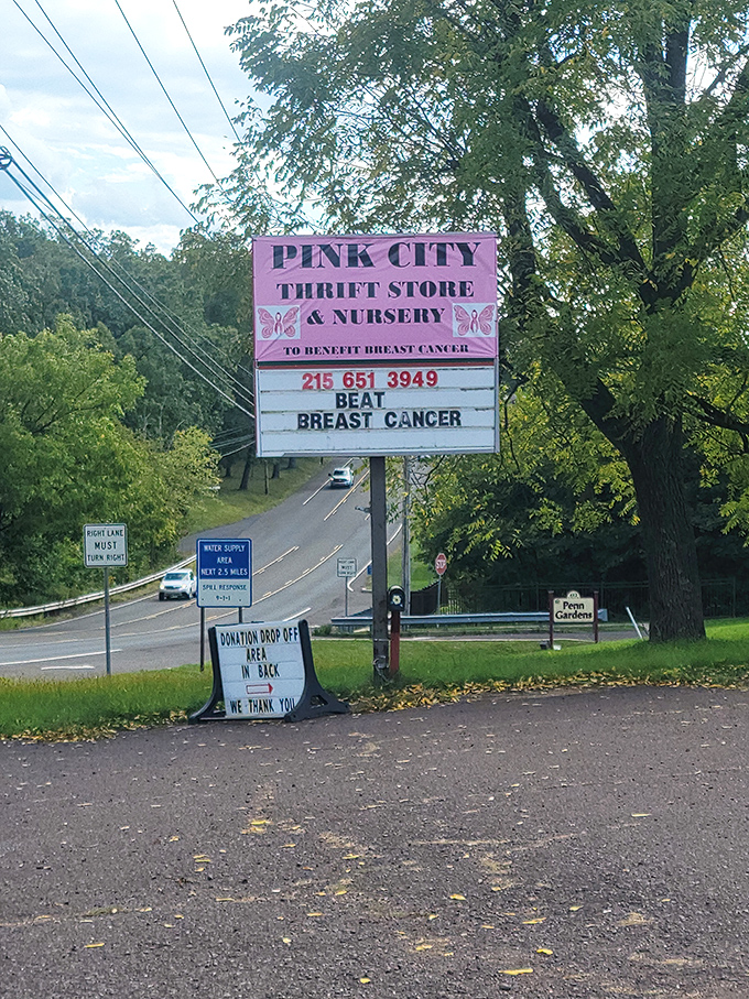 The iconic pink sign that started it all. Supporting breast cancer awareness while directing treasure hunters to their destination.