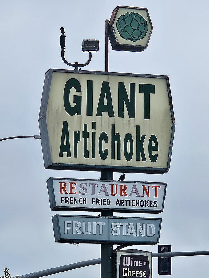 The vintage roadside sign has likely guided hungry travelers for decades, promising the simple joy of "FRENCH FRIED ARTICHOKES" in all-caps enthusiasm.