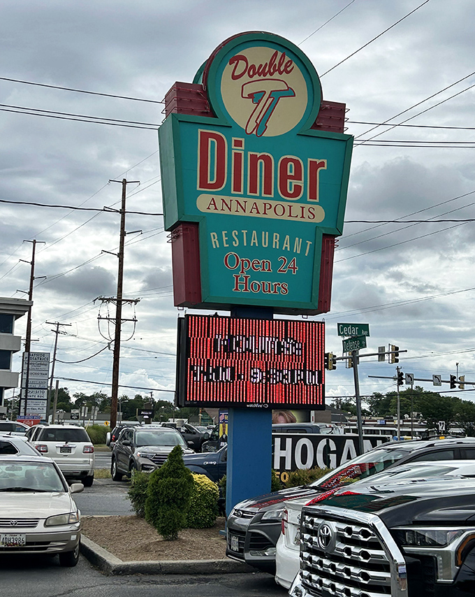 
The beacon of hope for hungry travelers and night owls alike: that glorious 24-hour sign promising pancakes are possible at any hour.