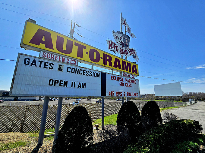 The iconic yellow and purple sign stands as a beacon of retro entertainment, promising an evening that your smartphone can't replicate.