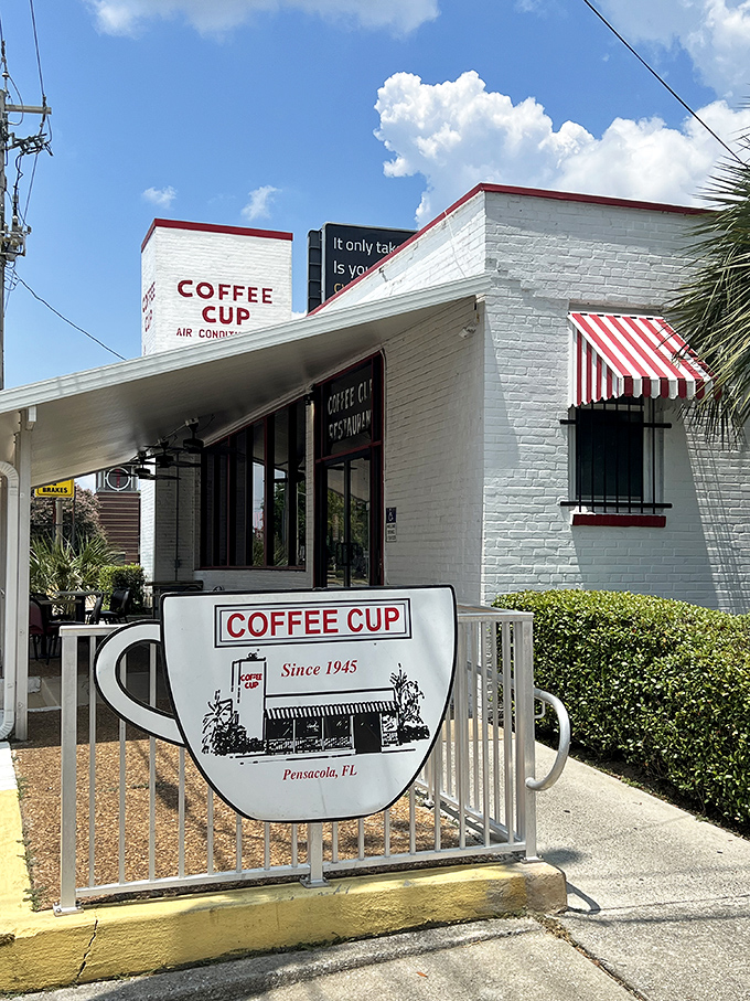 The cup-shaped sign says it all&mdash;this isn't just a restaurant name, it's a promise of what awaits inside those white brick walls.