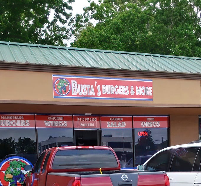 That green burger hero on the sign isn't just a mascot&mdash;he's a promise that inside awaits a meal of heroic proportions.