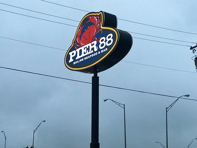 The Pier 88 sign stands tall against the Oklahoma sky, a beacon of hope for seafood lovers miles from any actual pier.