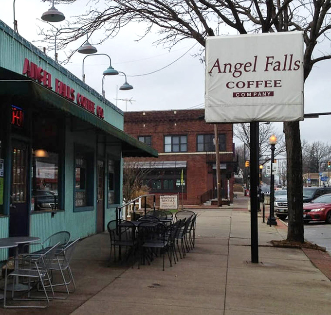 The neighborhood landmark sign stands as a reminder that sometimes the best coffee experiences aren't in Seattle or Portland, but right here in Ohio.