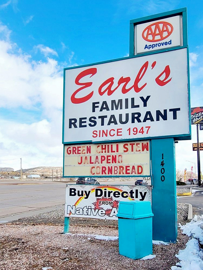 The sign tells the story&mdash;"Family Restaurant Since 1947" and green chile stew that could be New Mexico's unofficial state treasure.