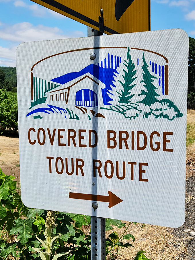 Follow the arrow to more covered bridges! Linn County's tour route promises additional wooden wonders scattered throughout the countryside like architectural Easter eggs.