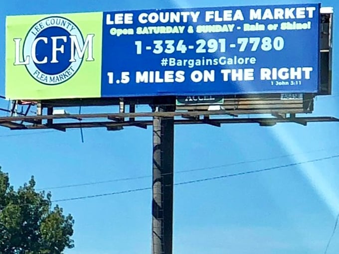 The roadside beacon that guides bargain hunters to paradise—this sign promises "Bargains Galore" and delivers on that pledge.