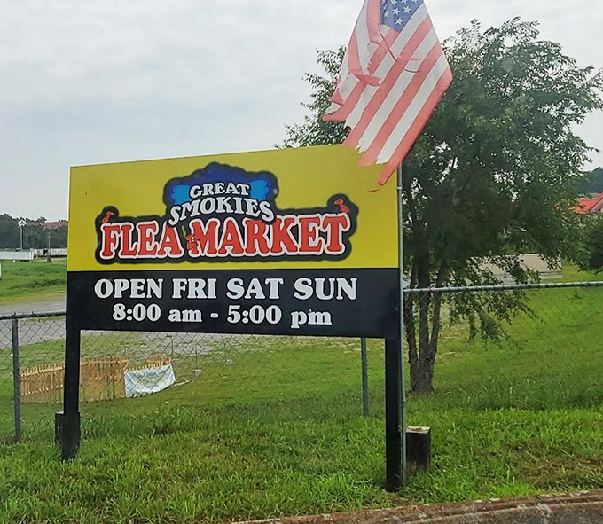 The yellow beacon of bargain hunters. This unassuming sign promises treasure within, operating on the three best days of the week for serious shoppers.