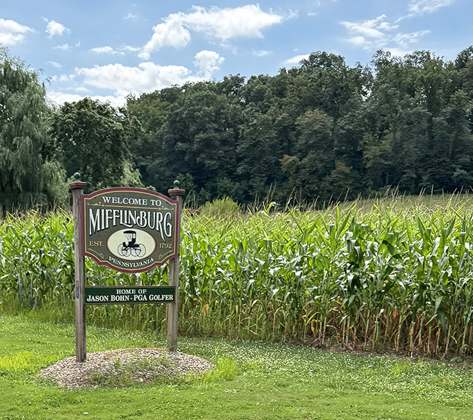 Cornfields meet small-town pride at Mifflinburg's welcome sign, where visitors get their first hint that they've discovered somewhere authentically, unapologetically Pennsylvania.