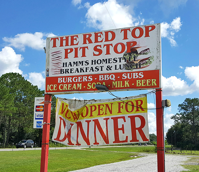 The roadside sign promises "Hamm's Homestyle Breakfast & Lunch" with the exciting news flash that they're "Now Open For Dinner"&mdash;a culinary plot twist for Lakeland.