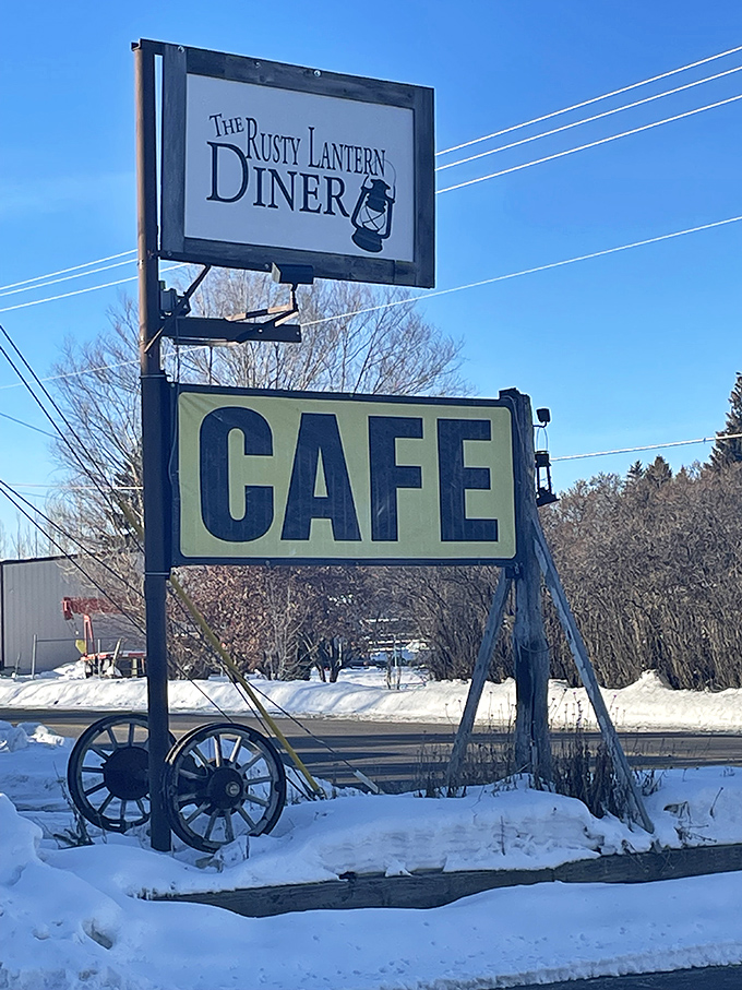 Even in winter, the Rusty Lantern's sign stands proud against blue Idaho skies. Some treasures shine brightest in small-town America.