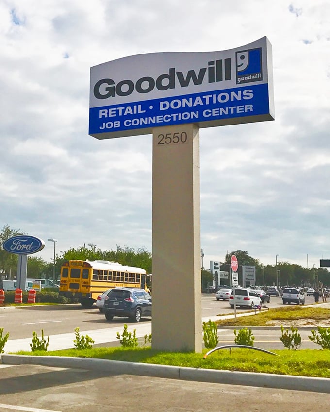 The roadside sign announces this retail-donation-employment trifecta&mdash;a reminder that your bargain hunting also supports community missions.