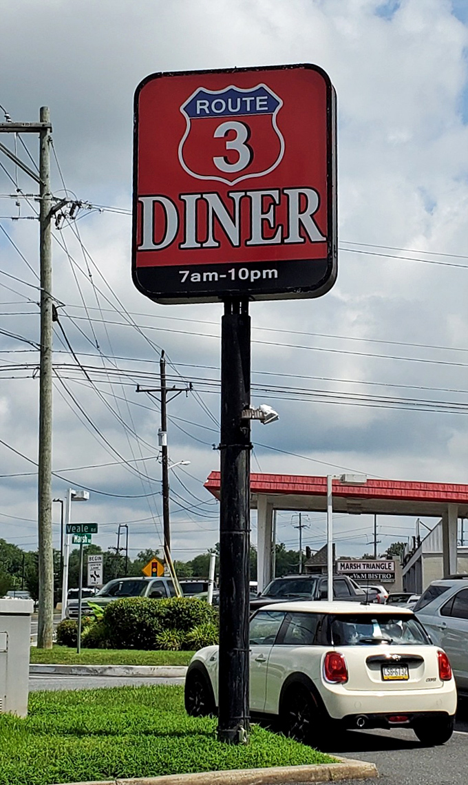 The iconic Route 3 Diner sign stands tall &ndash; a red beacon of hope for hungry travelers and a landmark for locals giving directions.