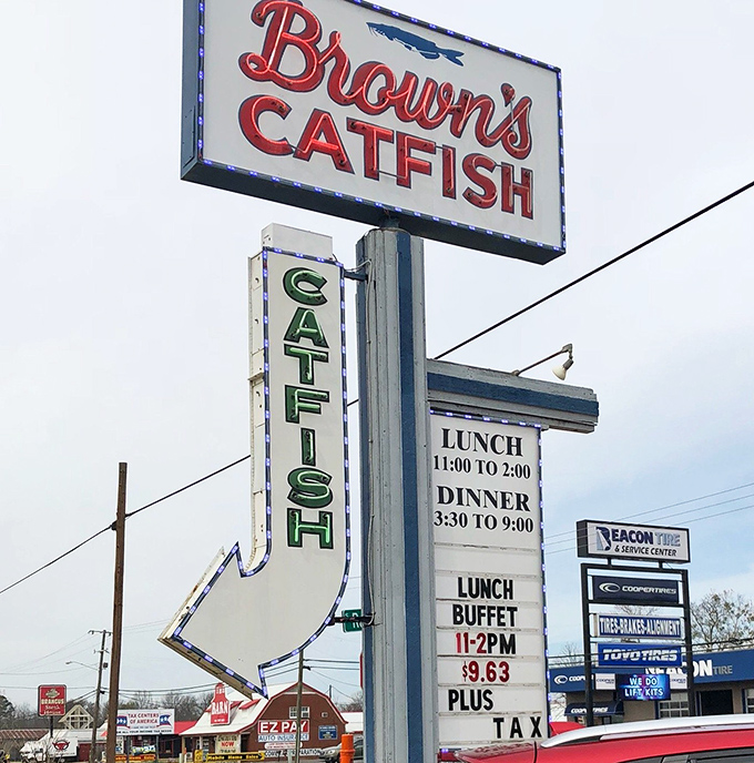 The roadside sign doesn't just announce Brown's location&mdash;it's a bat signal for catfish lovers who plan their road trips around these coordinates.