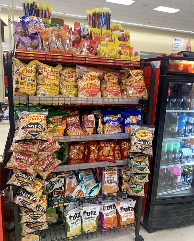 Louisiana favorites like Golden Flake pork skins and local snacks fuel your shopping marathon between aisle-to-aisle treasure hunting sessions.