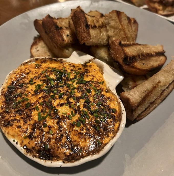 This crab dip arrives with a golden-brown crust that crackles under your knife, revealing a creamy treasure that makes the accompanying toast feel privileged.