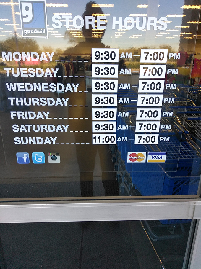The store hours sign reveals the thrifter's advantage: nearly 70 hours weekly to hunt for treasures that simultaneously save your budget and the planet.