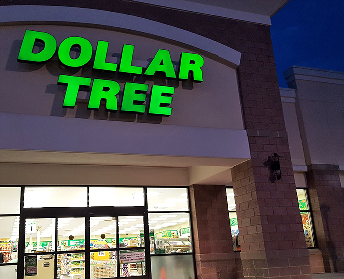The green glow of savings illuminates the night. Even after dark, this Dollar Tree beacon calls to the budget-conscious shopper in all of us.