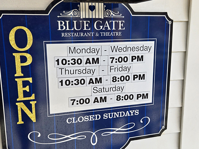 The hours sign reveals the secret to Amish success: work hard six days a week, then take Sunday off to recover from all that pie-making.