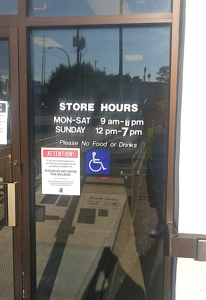 Store hours that accommodate both early birds and night owls. The "no food or drinks" rule protects the merchandise from enthusiastic shoppers.